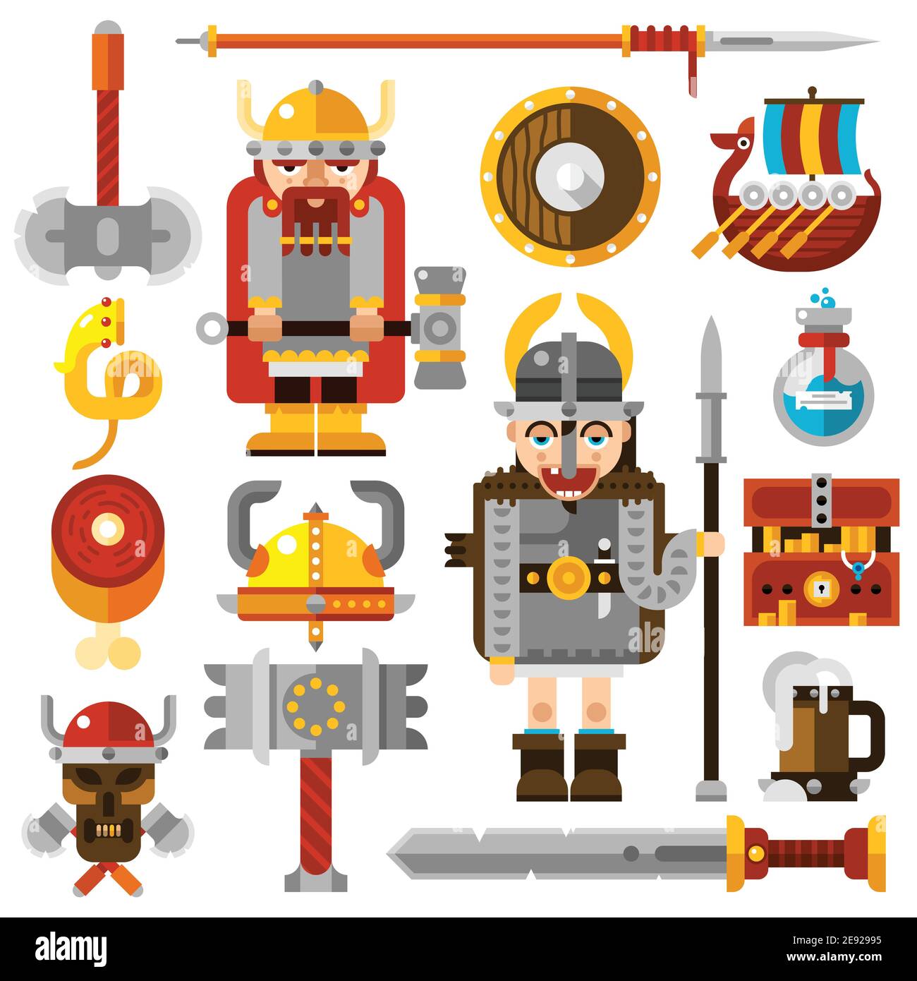 Vikings icons set with sword hammer and shield flat isolated vector ...