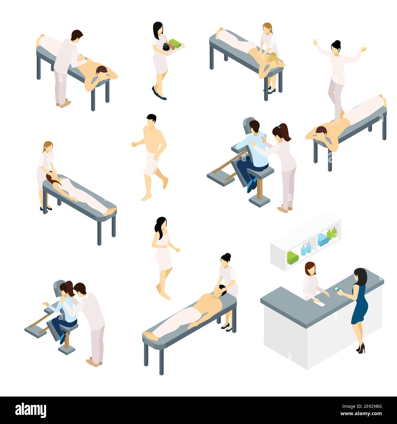 Massage icons set with back shoulders and face massage isometric ...