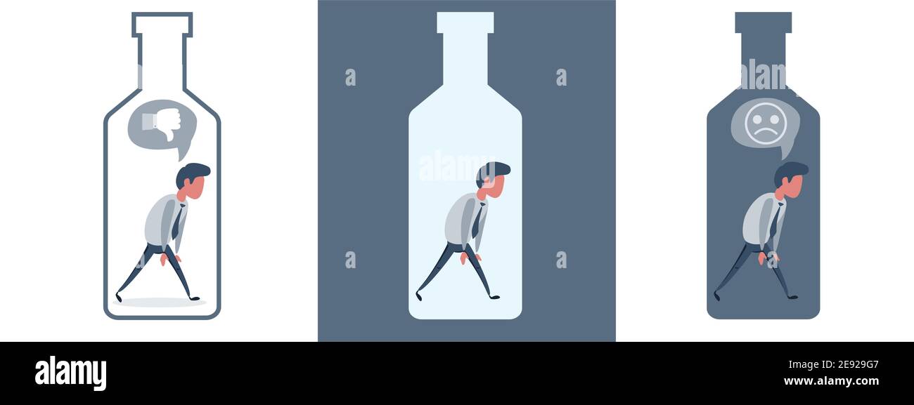 Unhappy sad alcoholic man character in drink bottle. Alcoholism addict ...