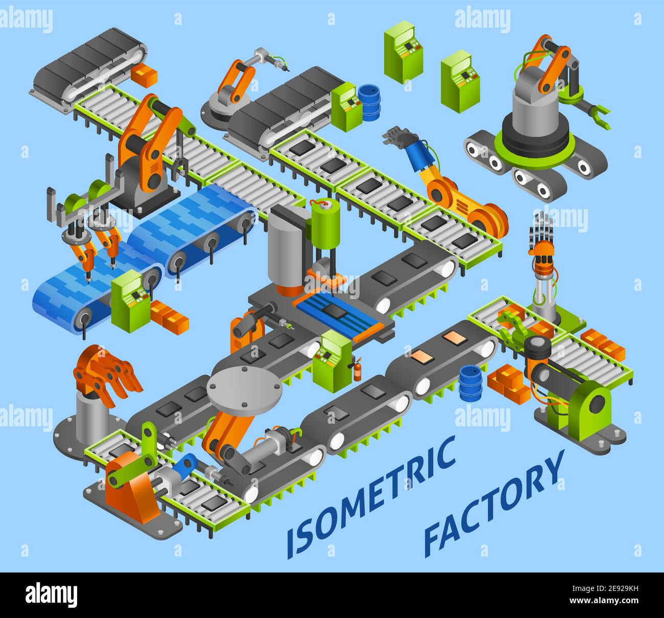 Industrial factory concept with isometric robots and machinery vector ...
