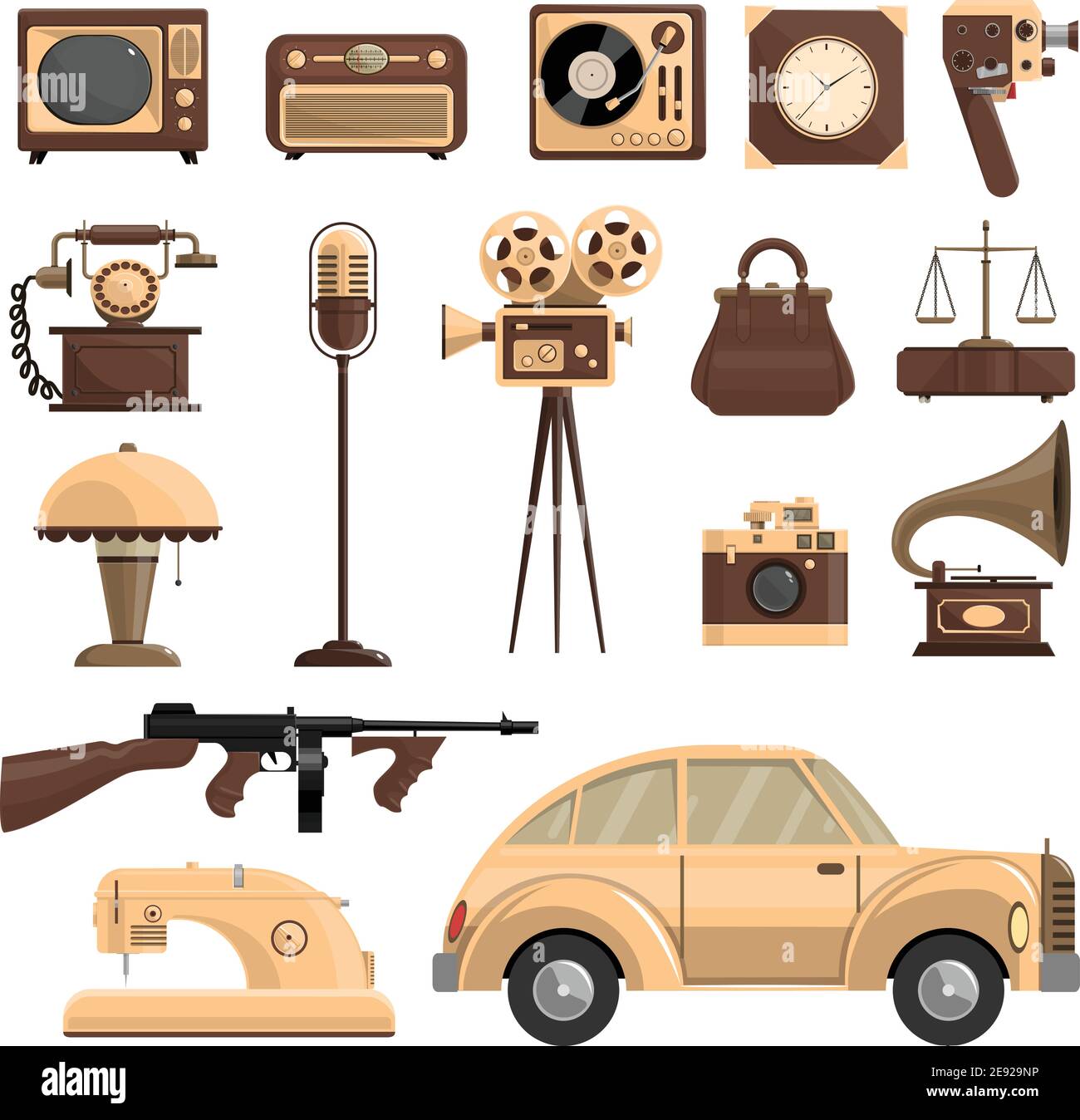 Retro objects set with a car a microphone and a camera flat isolated ...