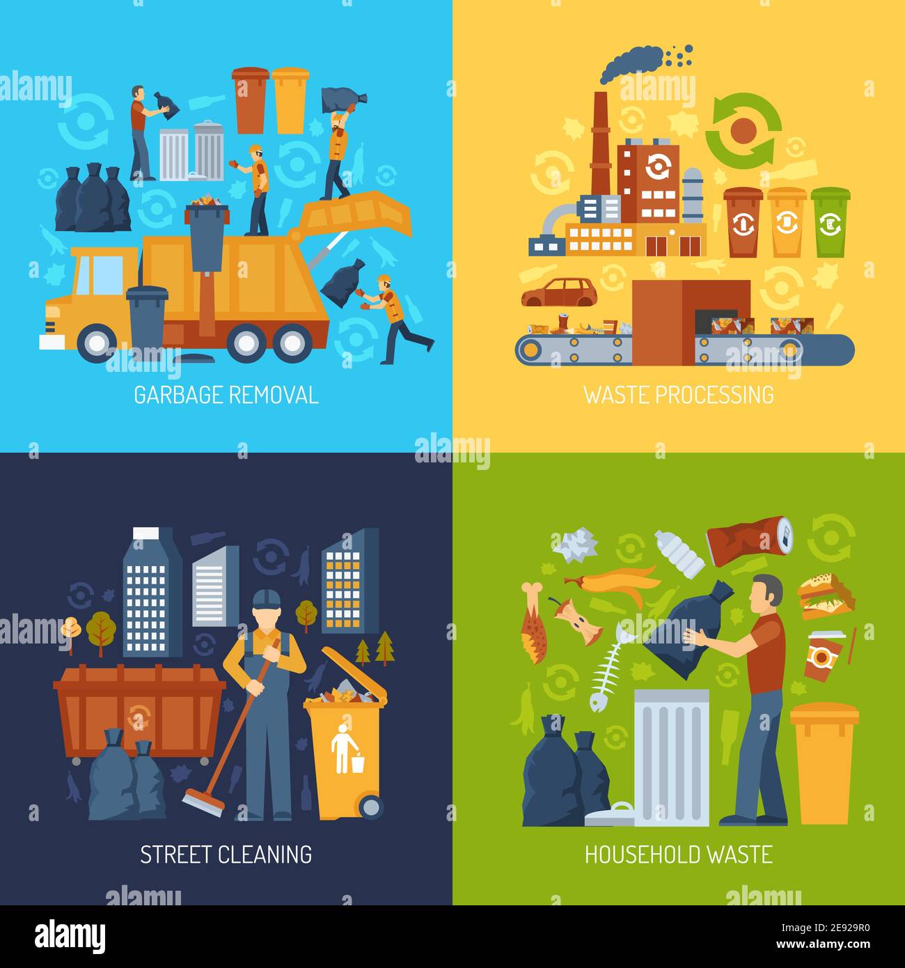 Color flat concept showing garbage collection and waste processing ...