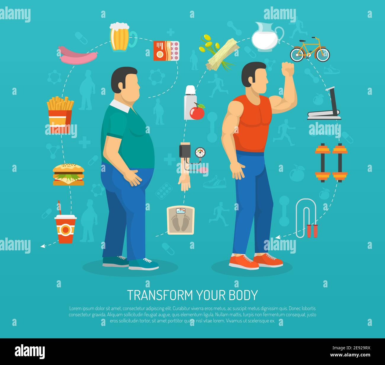 Color illustration transformation body man with obesity by workout and ...