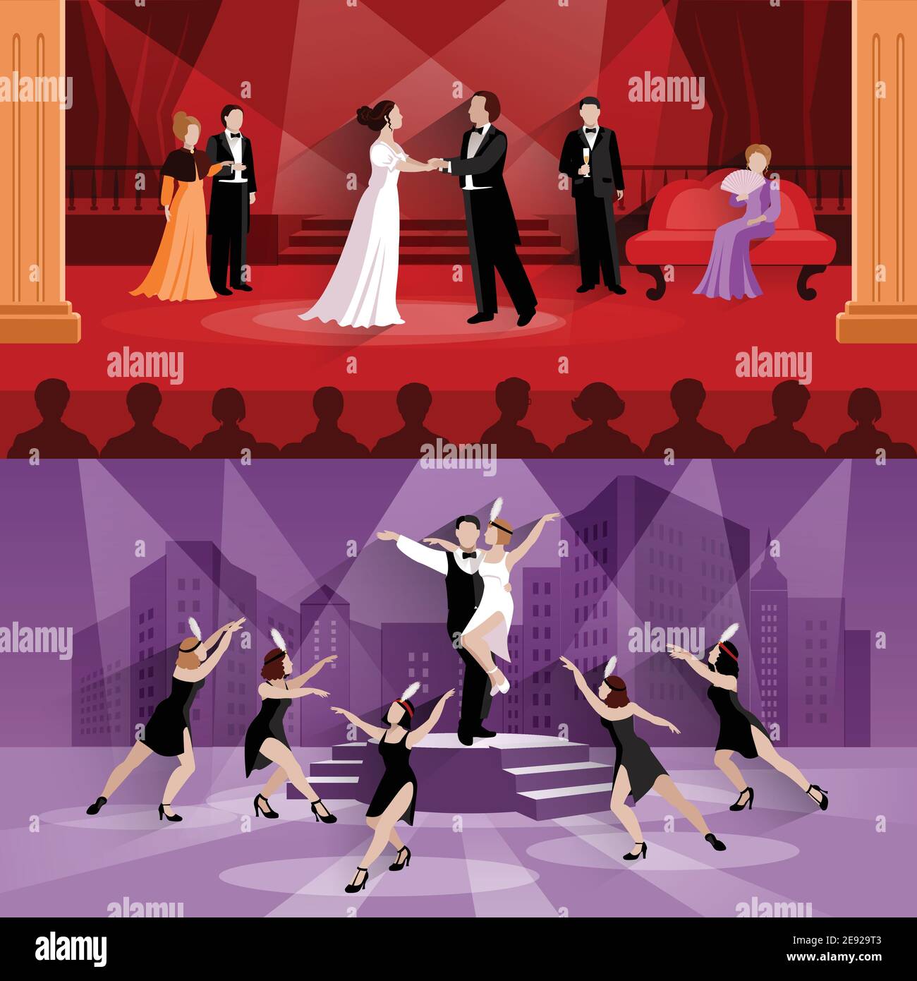 Flat compositions of 2 theater scenes presenting actors in performance ...