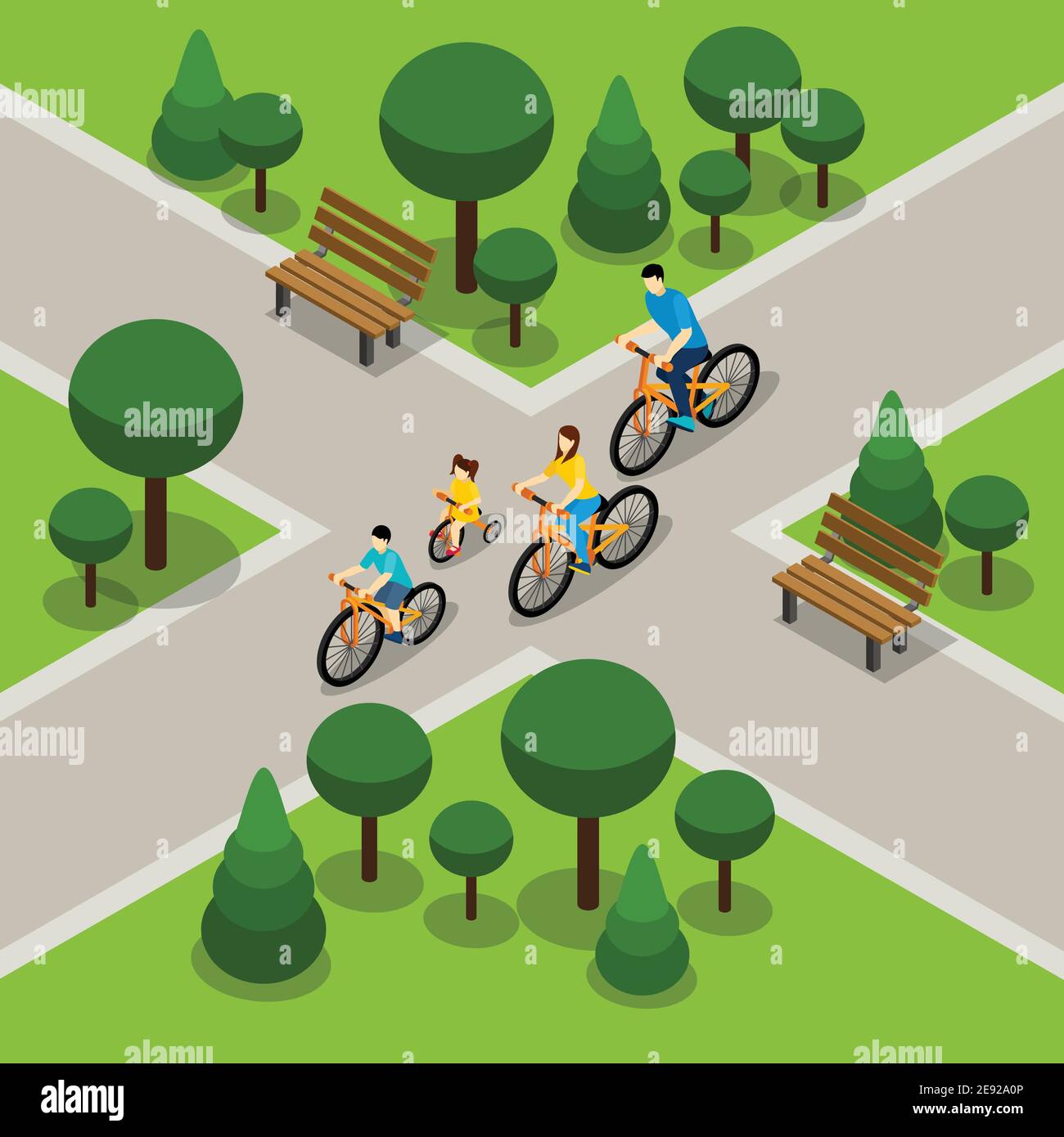 Family with two children cycling in city park isometric banner on ...