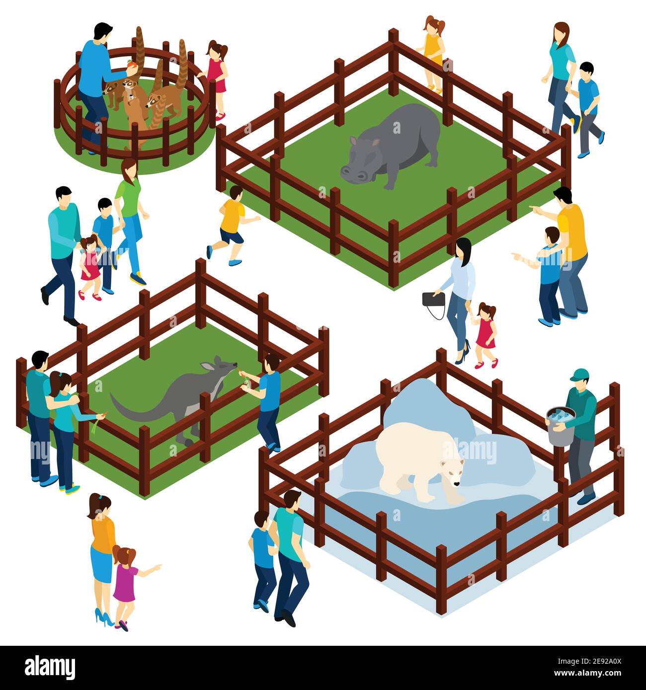 Outdoor zoo park with wild animals in open enclosures and visitors ...