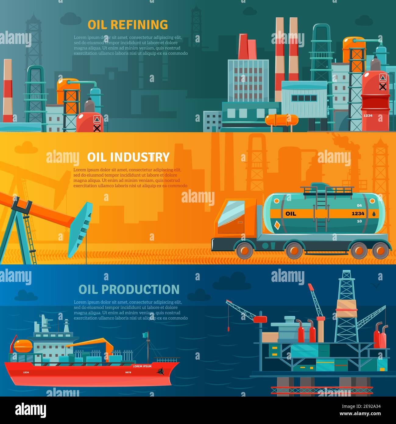 Oil industry horizontal banners set with production refining and ...