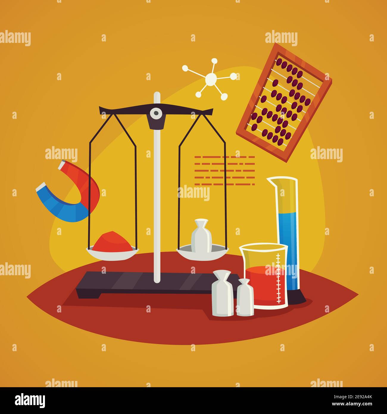 Science laboratory equipment design concept with scales weights flask ...