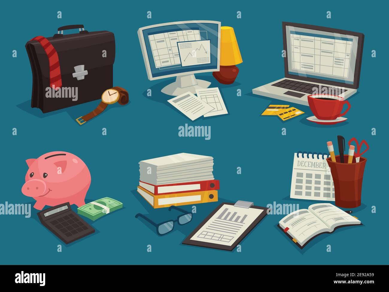 Business cartoon icons set with elements of workplace isolated vector ...