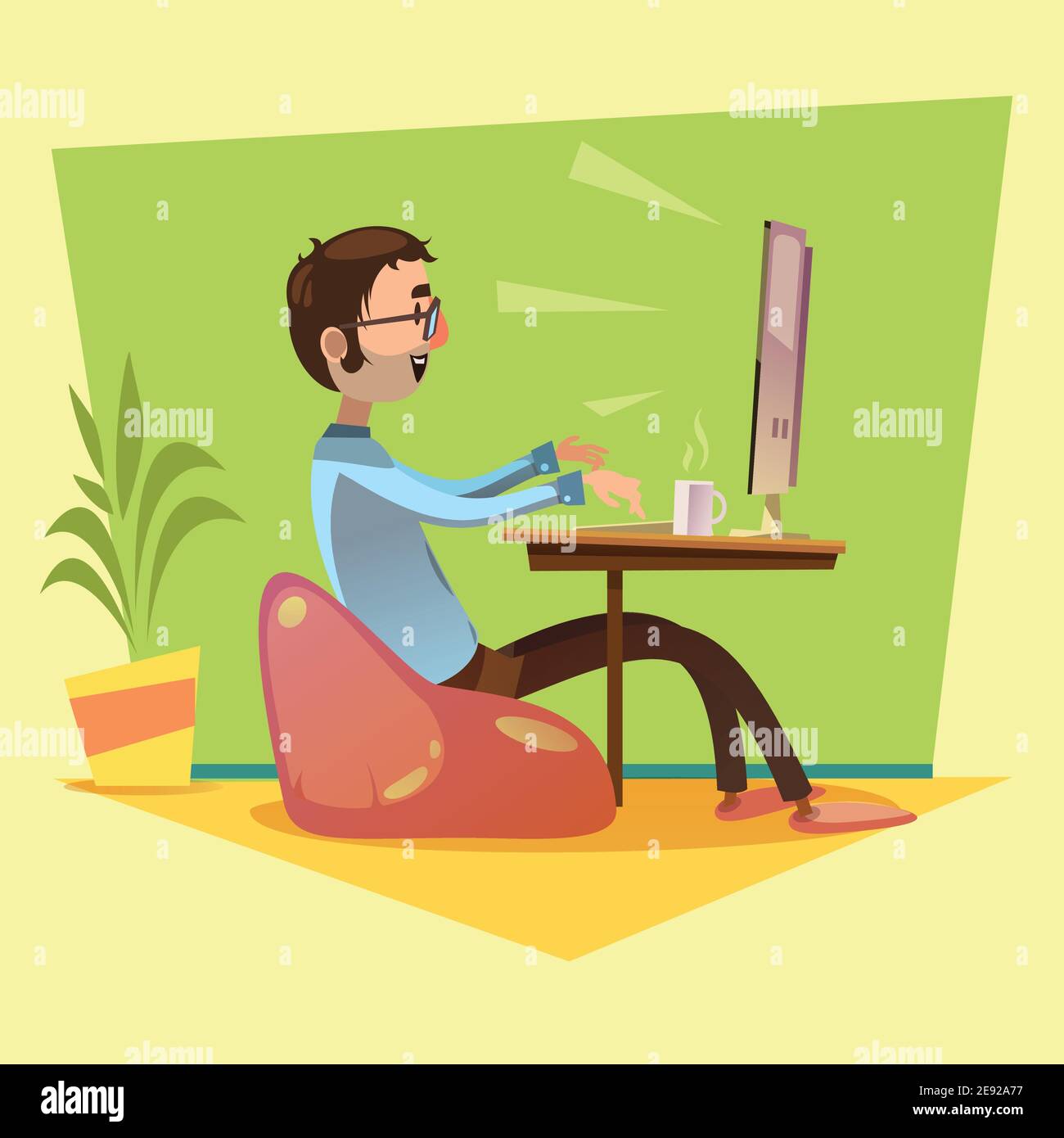 Programmer working with coffee and computer on yellow background ...