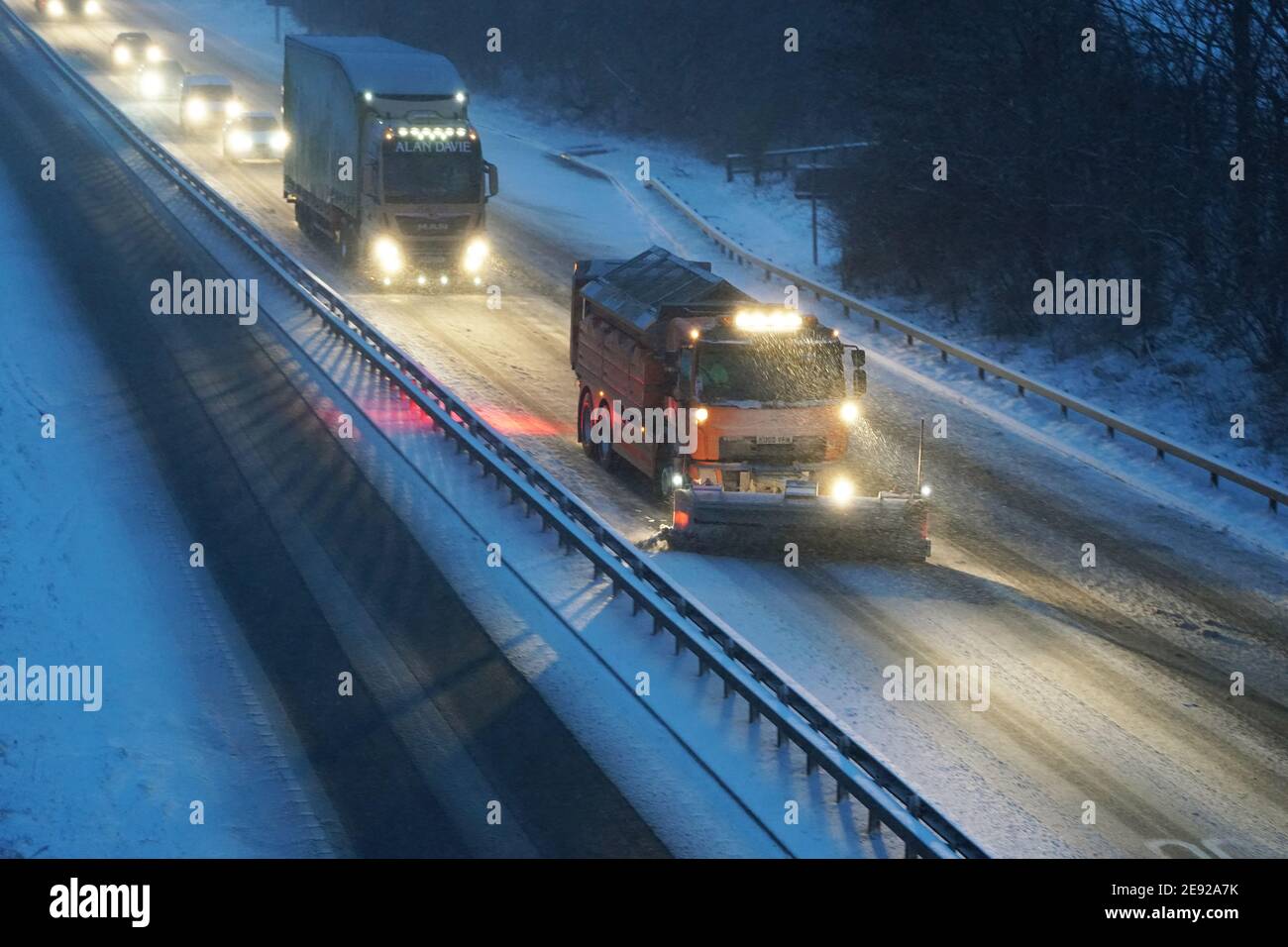 A snowplough keeps the A66 open at Bowes in County Durham as heavy snow ...