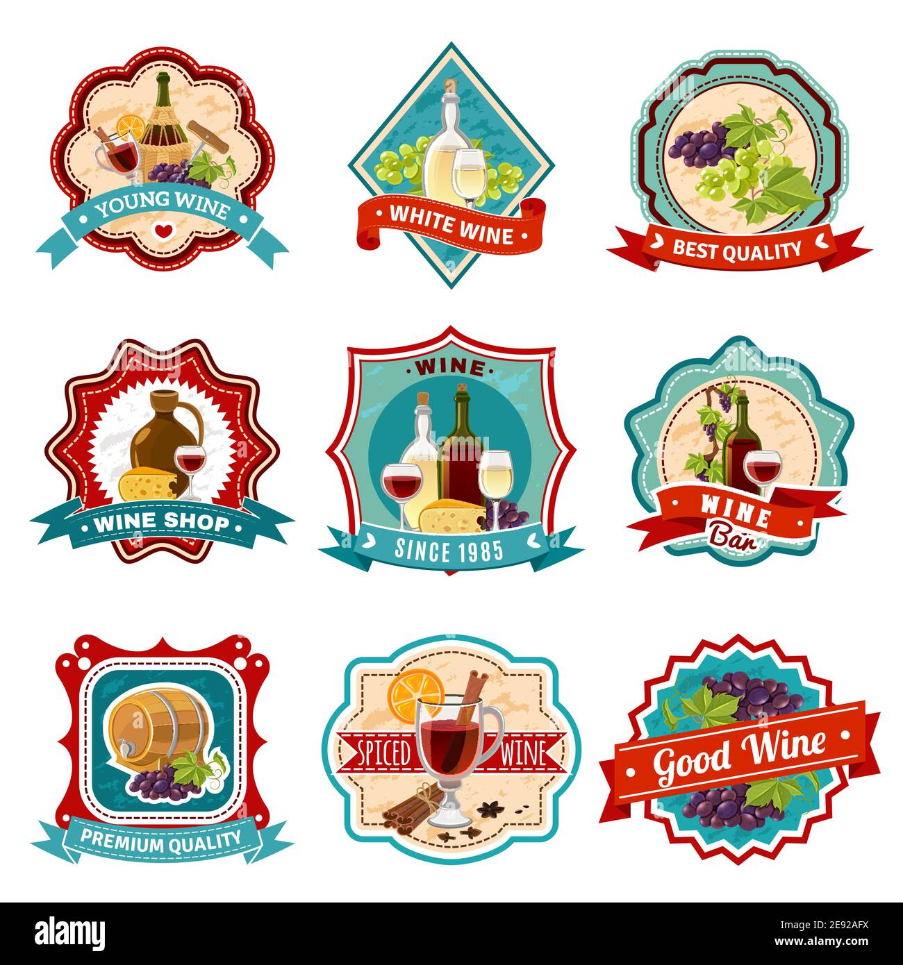 Wine colorful labels set with grape cheese spices and glass bottles on ...