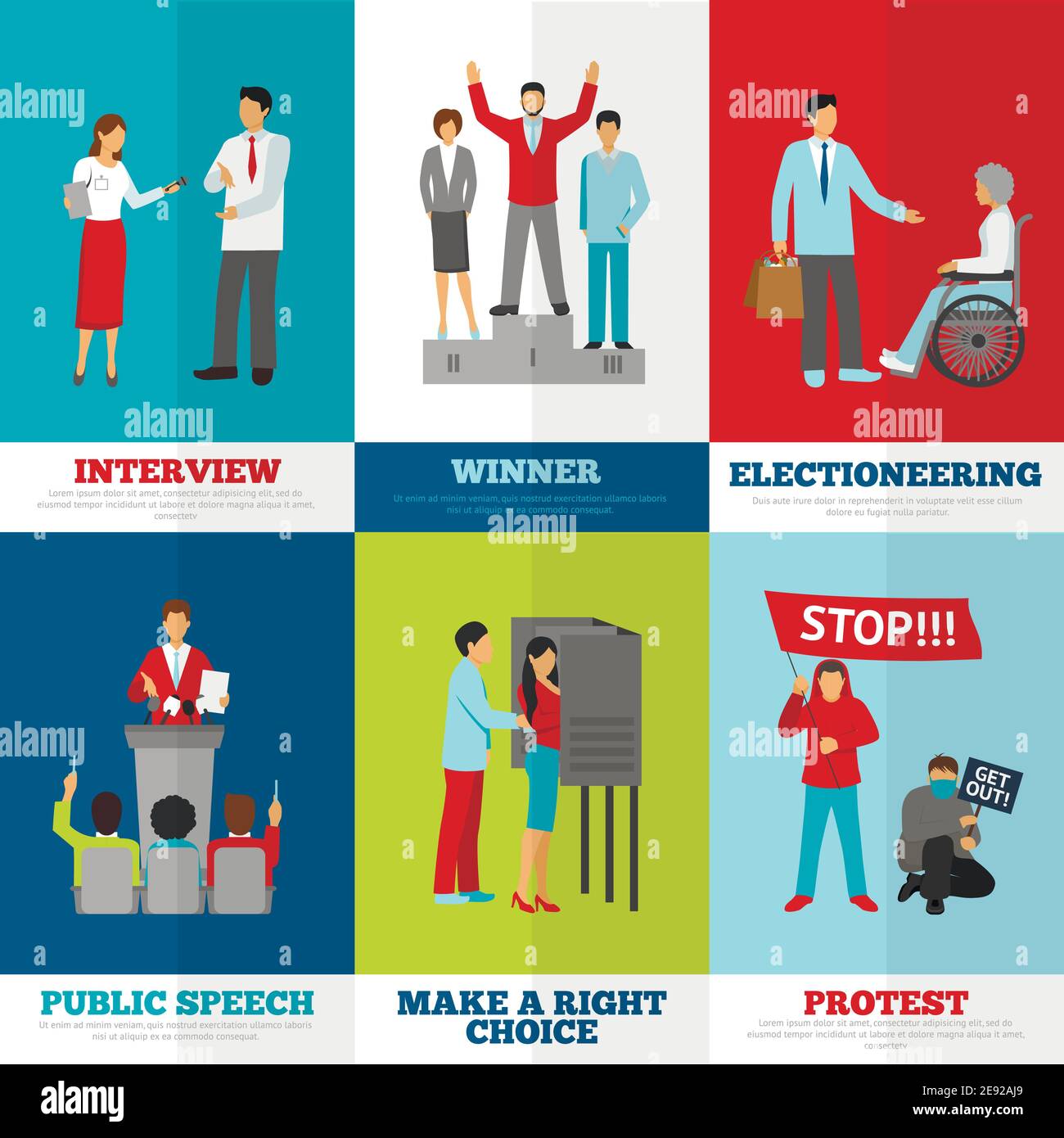 Elections and politics banners set with interview public speech and ...