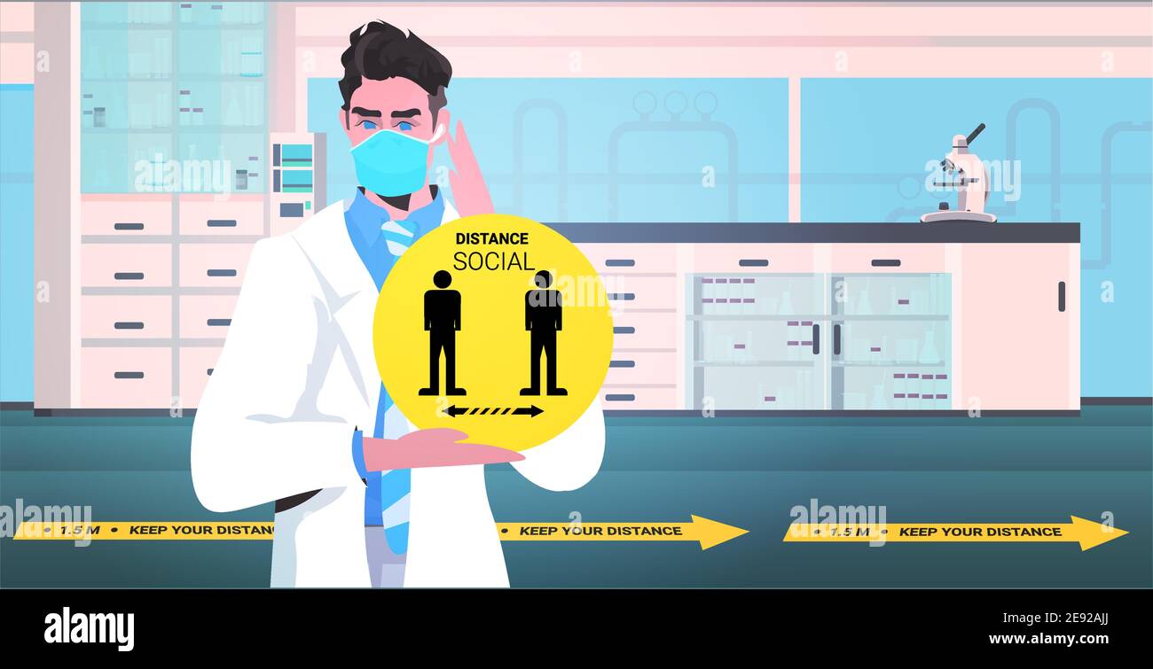 doctor in mask holding yellow round sign for social distancing ...