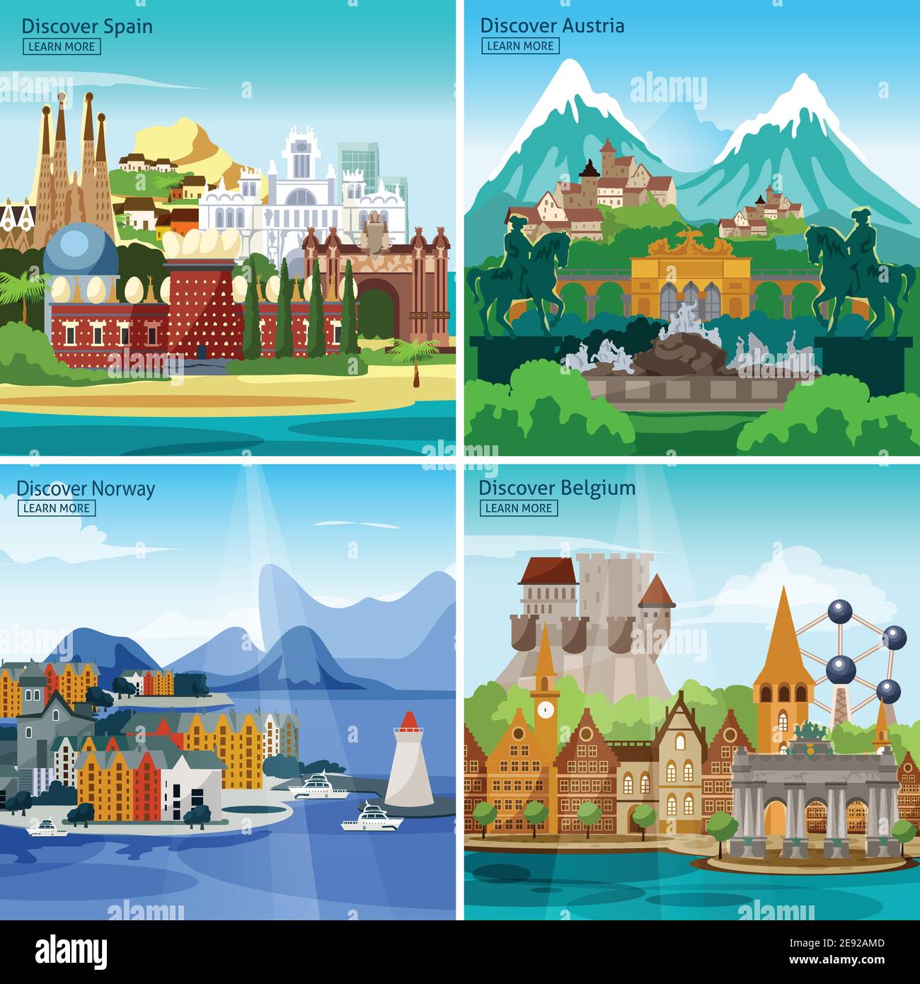 European Touristic Icon Set with historical monuments and sights of ...