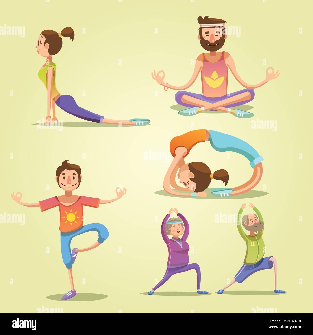 Yoga retro cartoon set with men and women in different poses isolated ...