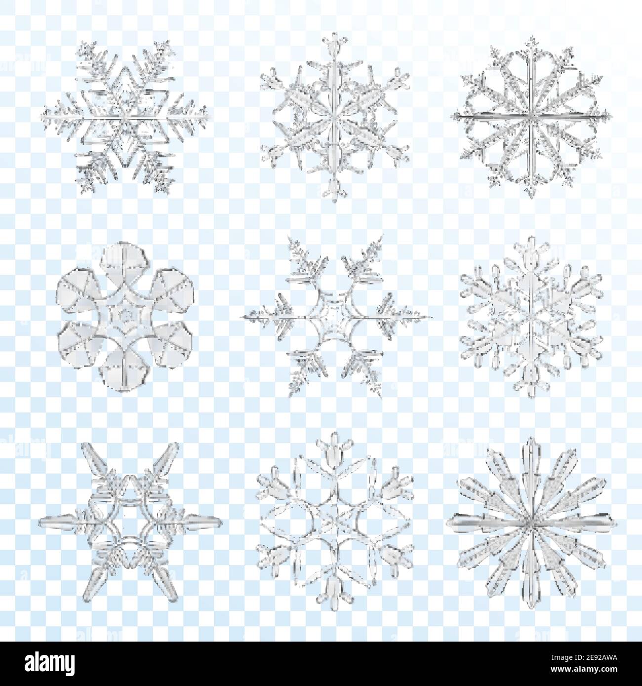 Realistic grey icy snowflakes set isolated on transparent background ...