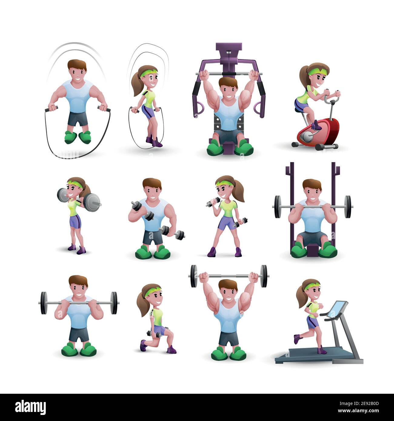 Cartoon icons set of men and women training with different fitness ...