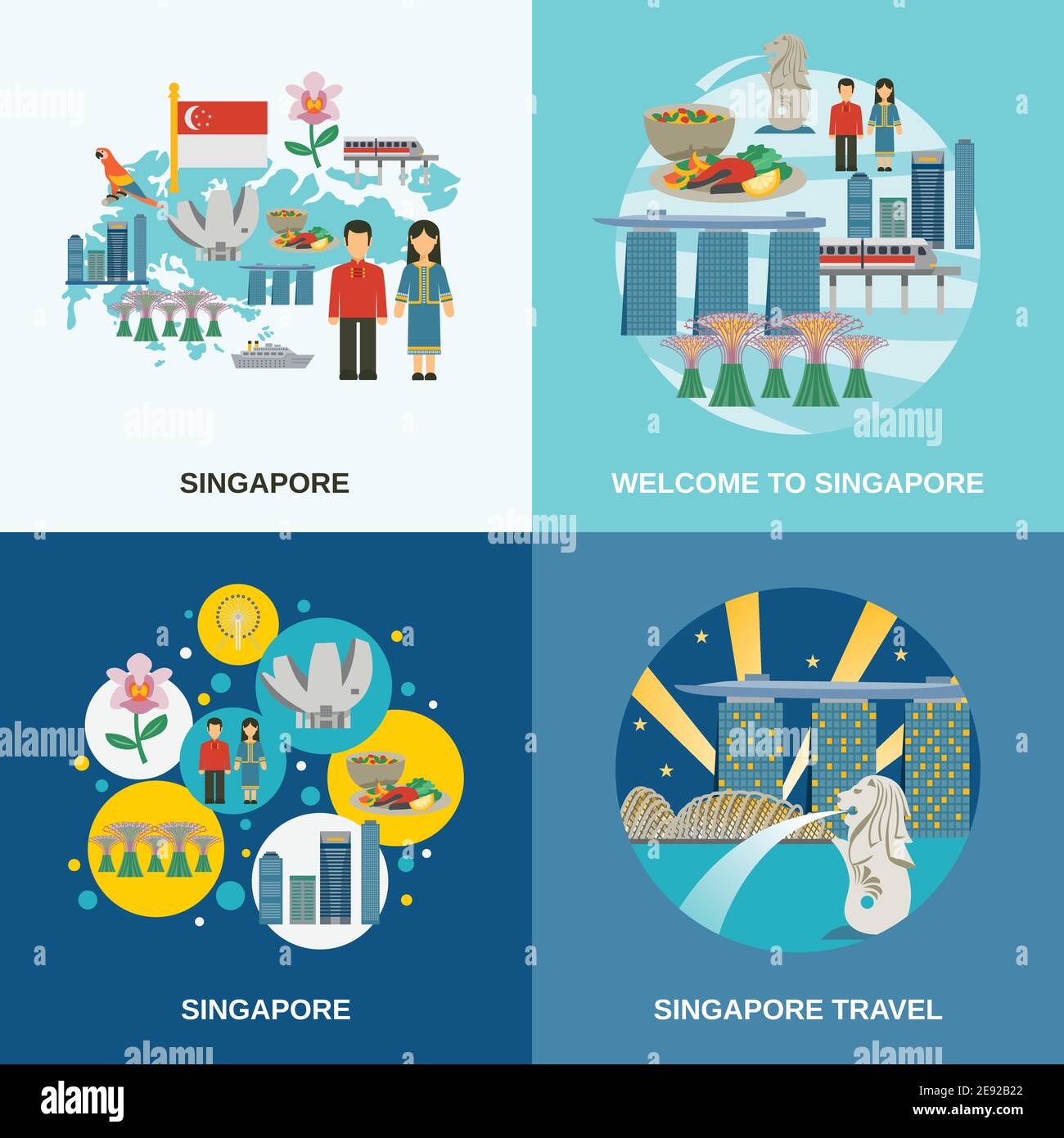 Tourist attractions in Singapore 4 flat icons composition poster with ...