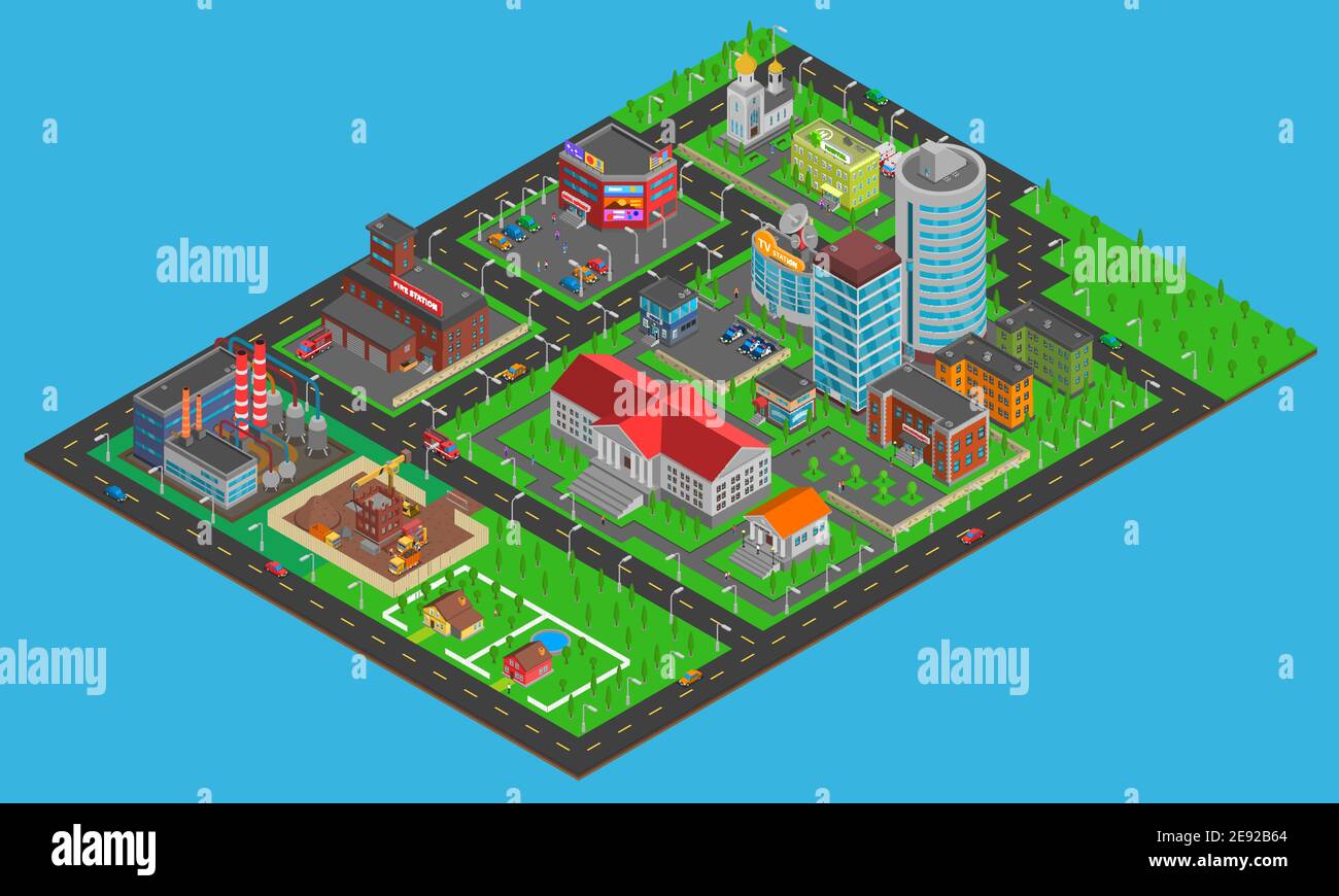Modern city isometric map with transport infrastructure industrial and ...