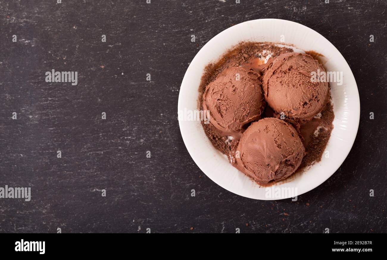 plate of chocolate ice cream scoops on dark background, top view Stock ...