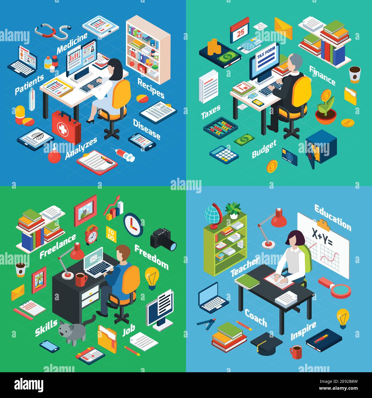 Professional workplaces of freelance photographer teacher and financial ...