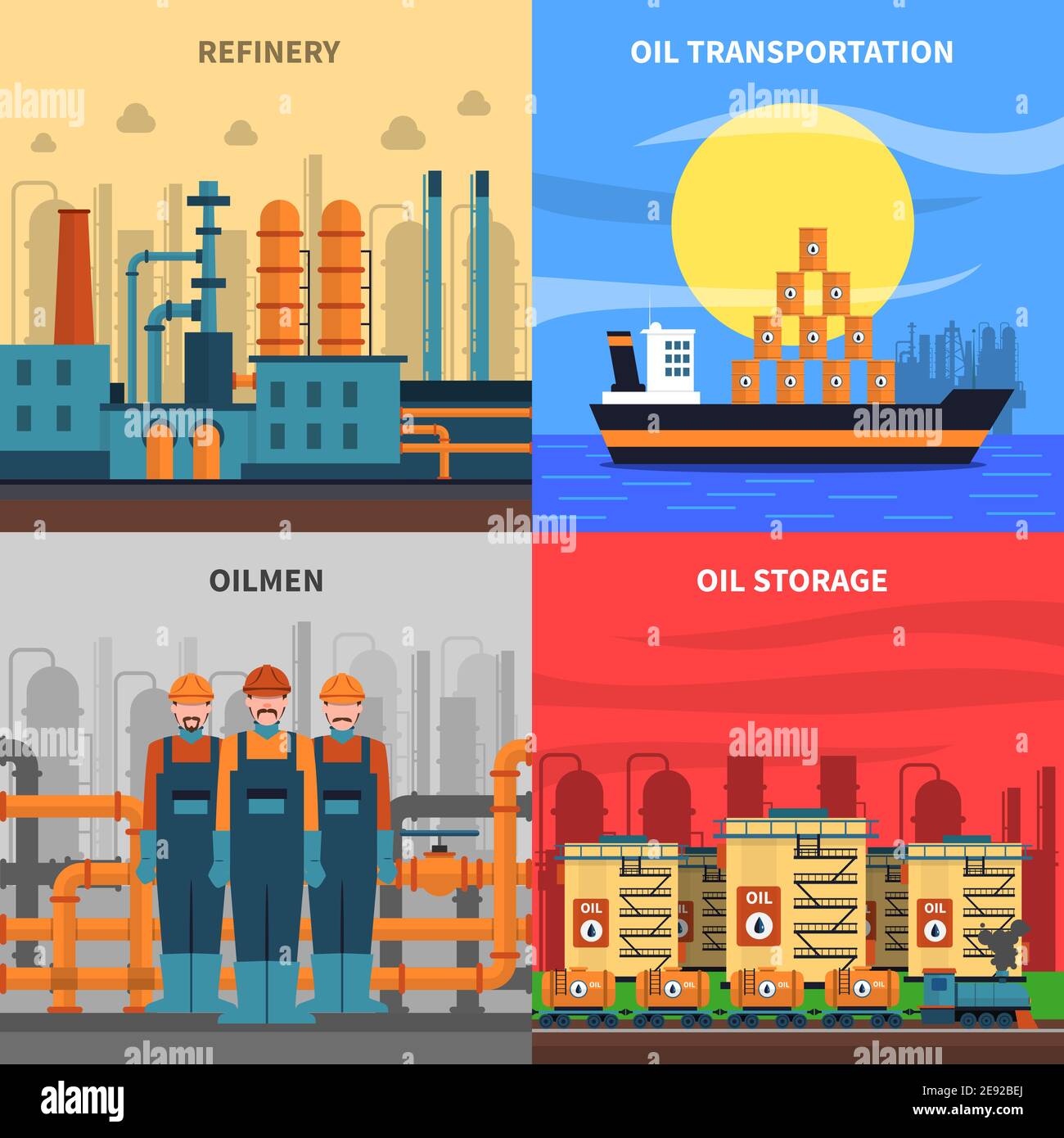 Oil concept icons set with refinery transportation and storage symbols ...