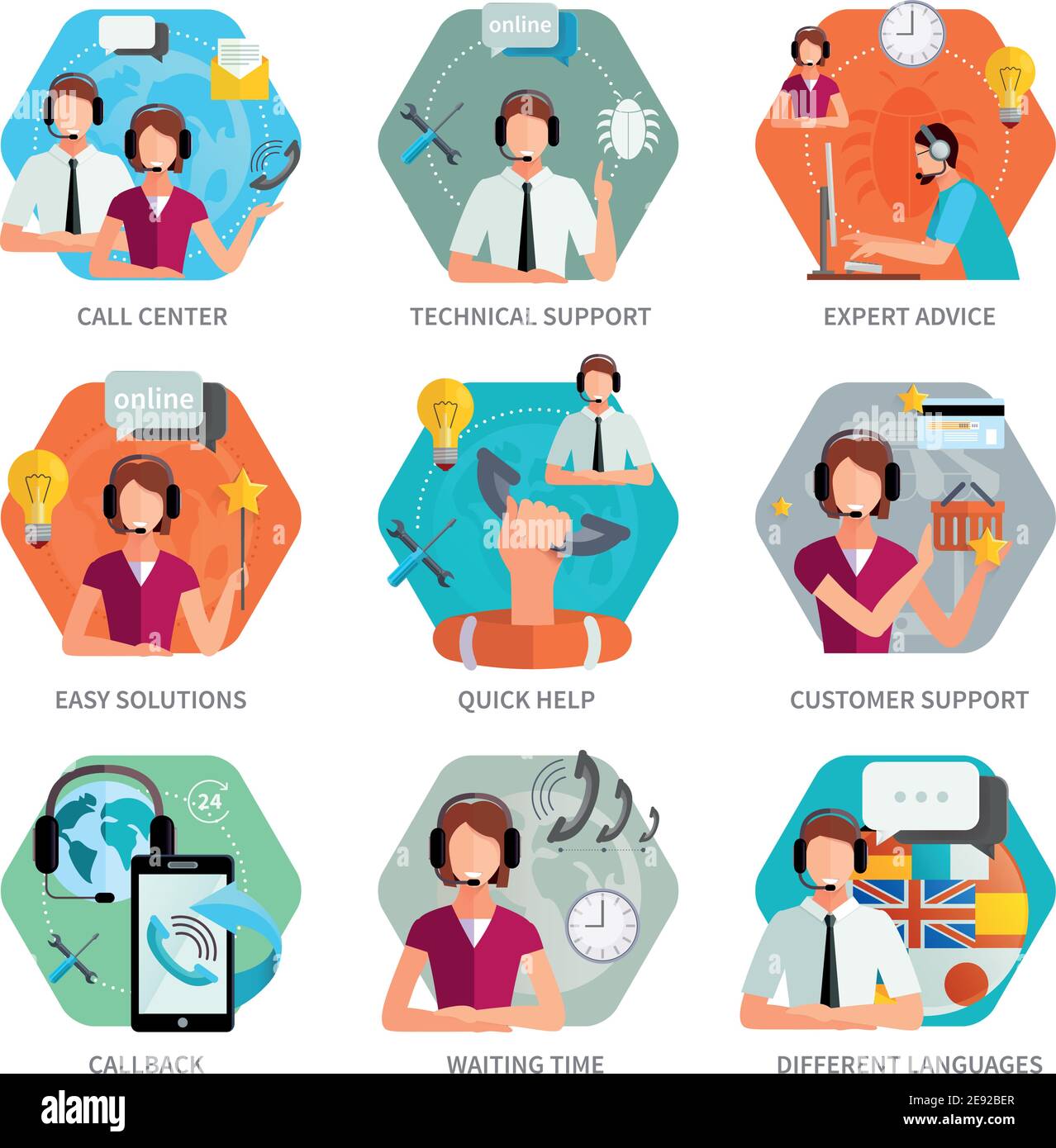 Customer support flat emblems set with Technical support call center ...