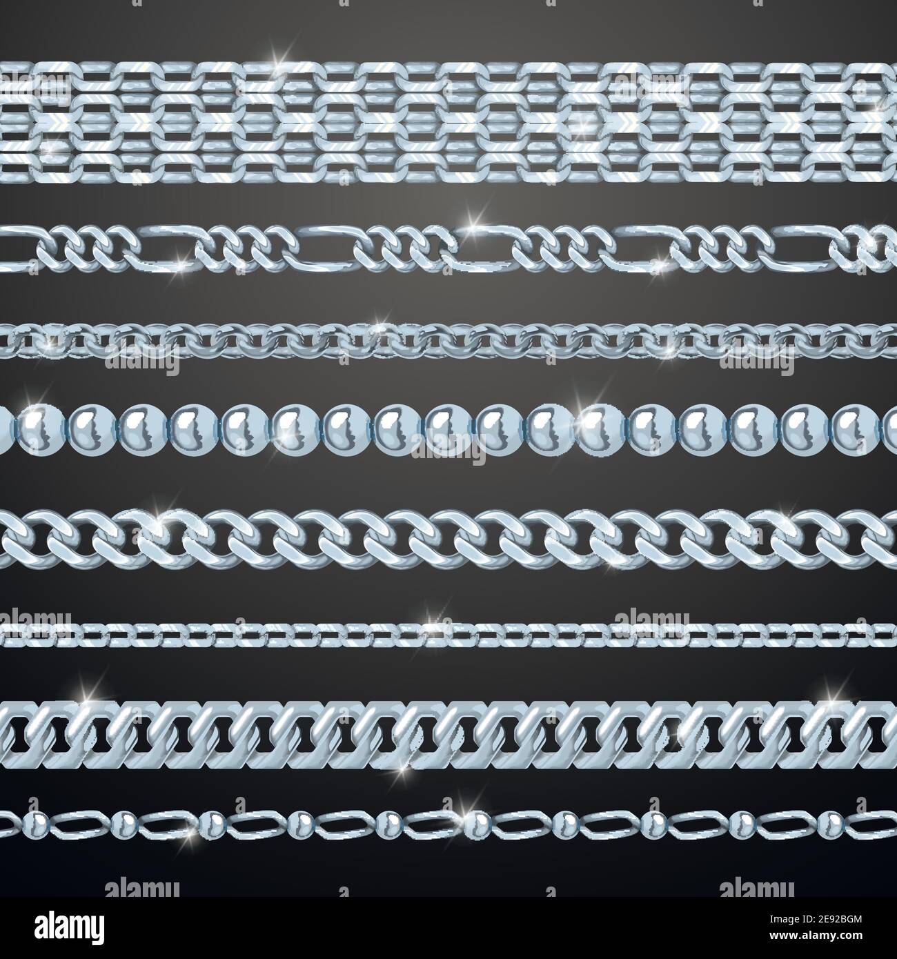 Silver realistic chains set on black background isolated vector ...