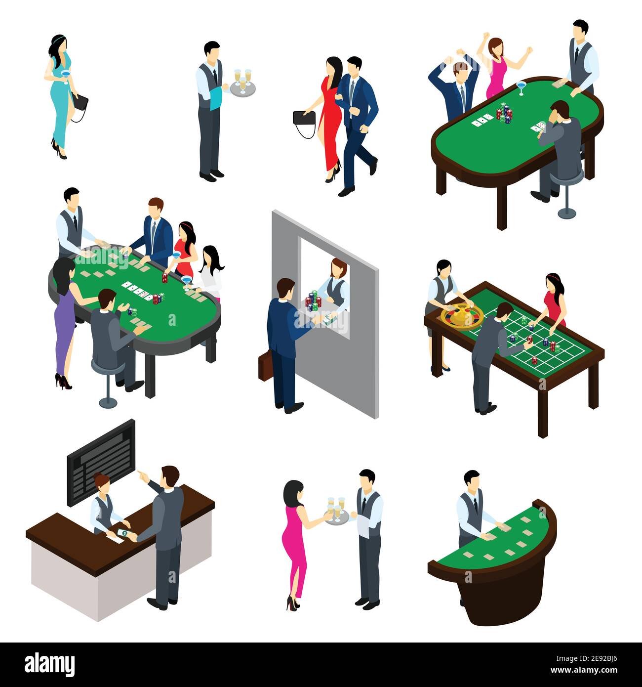 Casino and people isometric set with gambling and bet symbols isolated ...