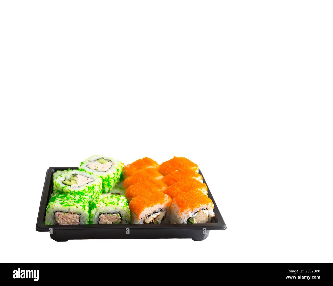 Sushi and rolls in a shipping container. Delivery of Japanese cuisine ...