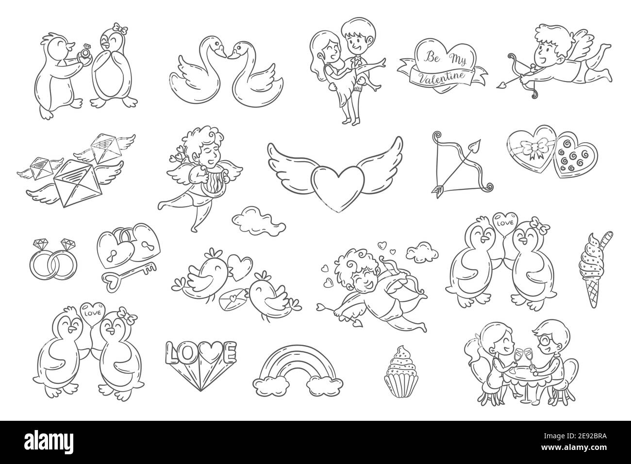 Set of cute Valentine day doodle elements. cupid angles, couples ...