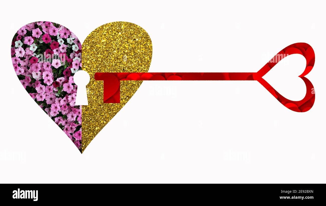 Illustration of a heart-shaped lock with colorful textures with a key ...