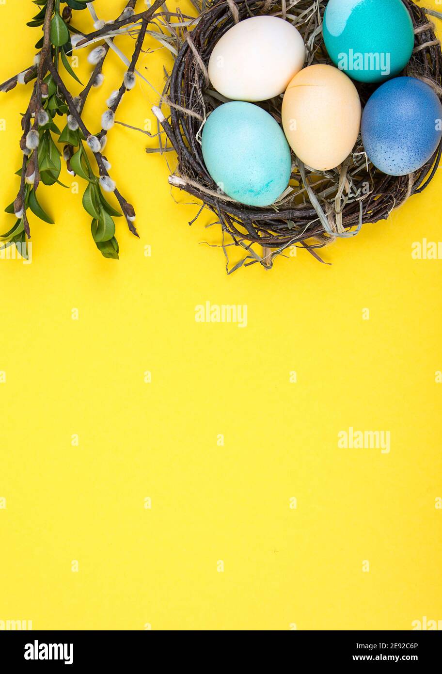 Colorful background with Easter eggs on yellow background. Happy Easter ...