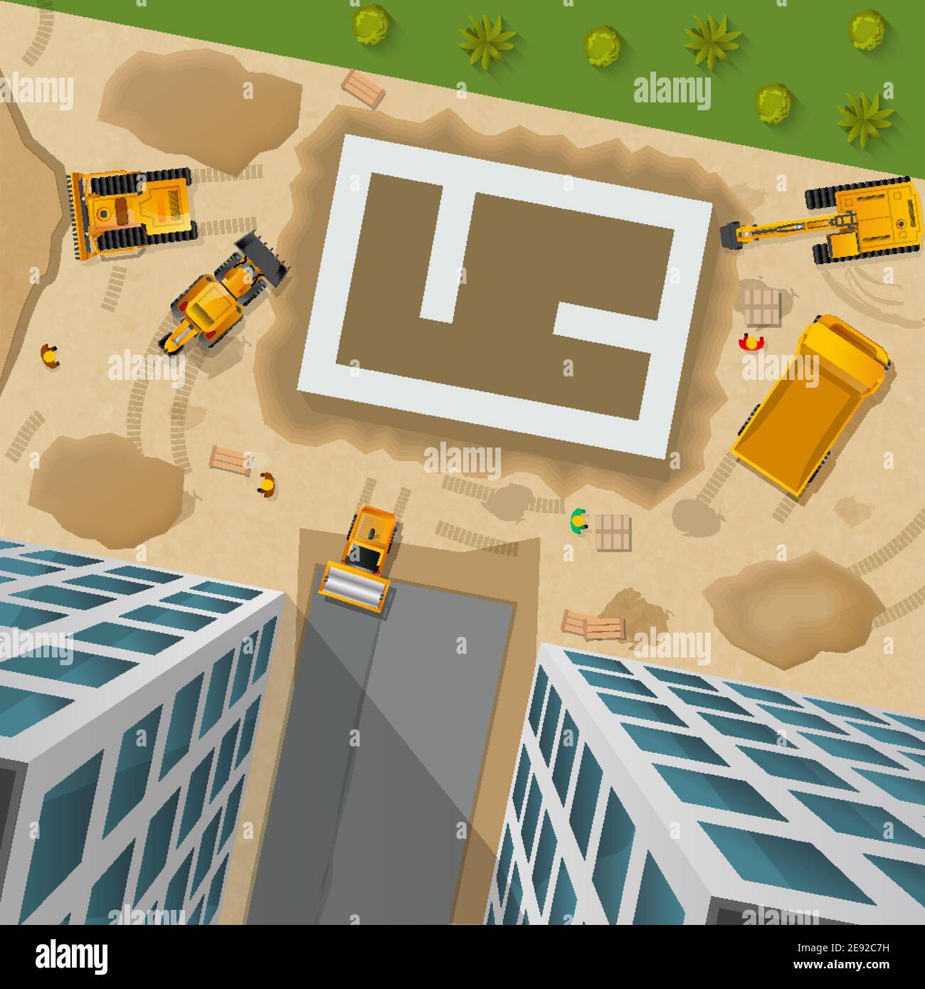 Building poster with various construction vehicles at the initial stage ...