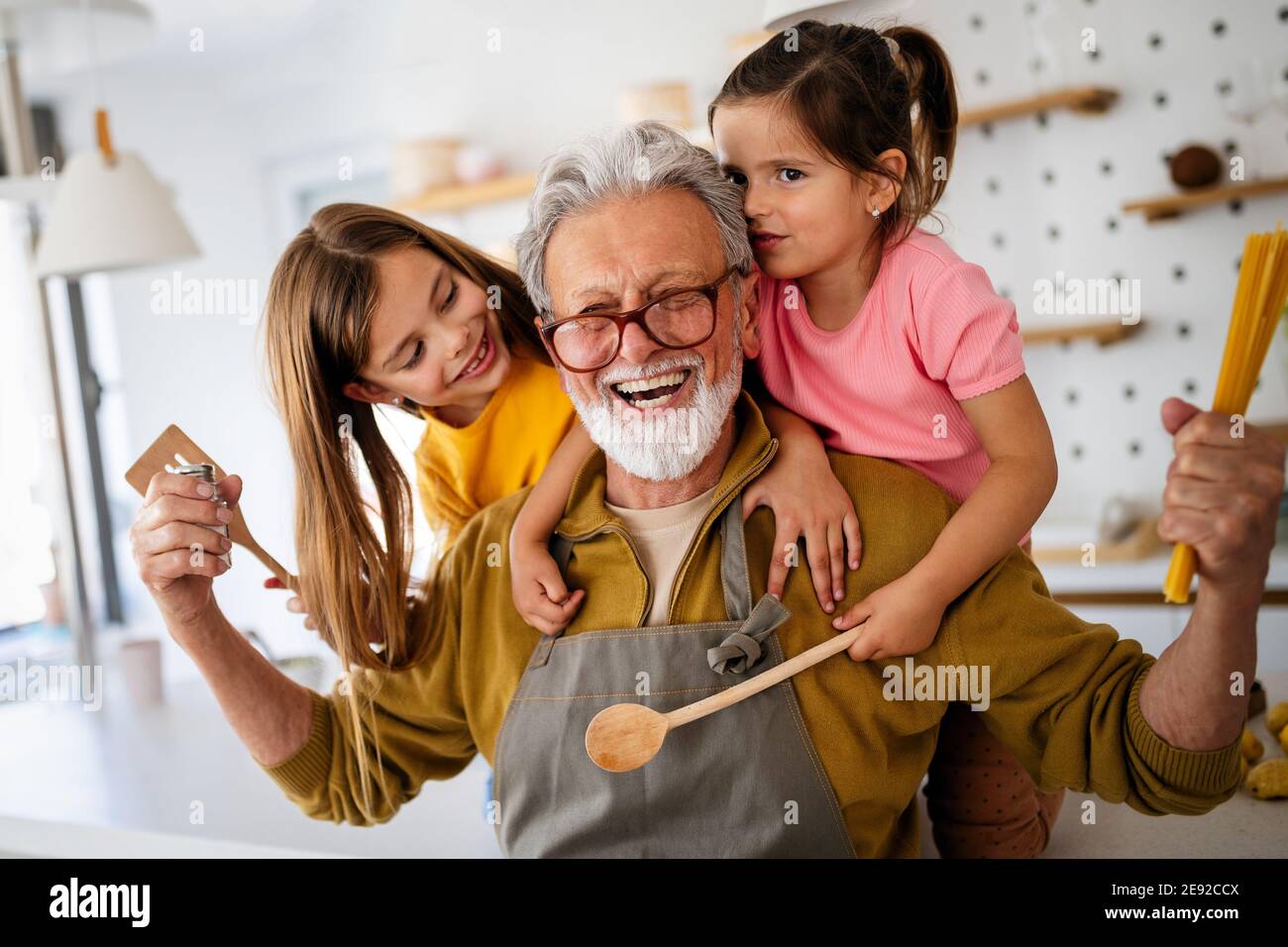 Grandchildren having fun at home while playing with their grandparents ...