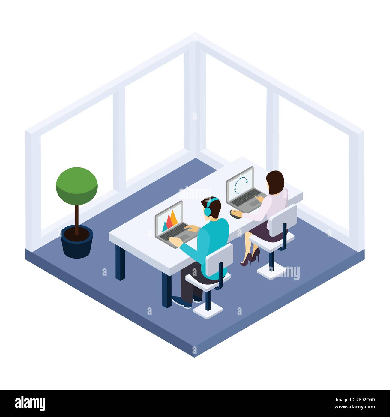 Coworking and business illustration with people working in a room ...