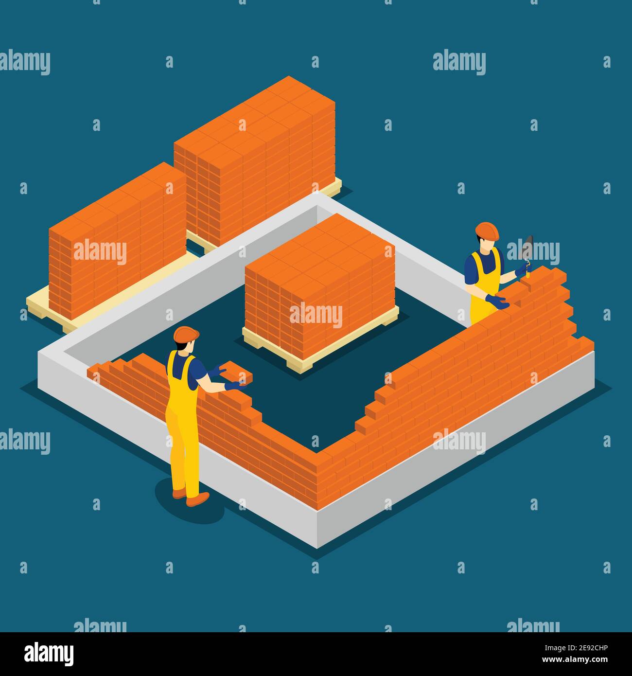 Building red brick wall construction process isometric banner with two ...