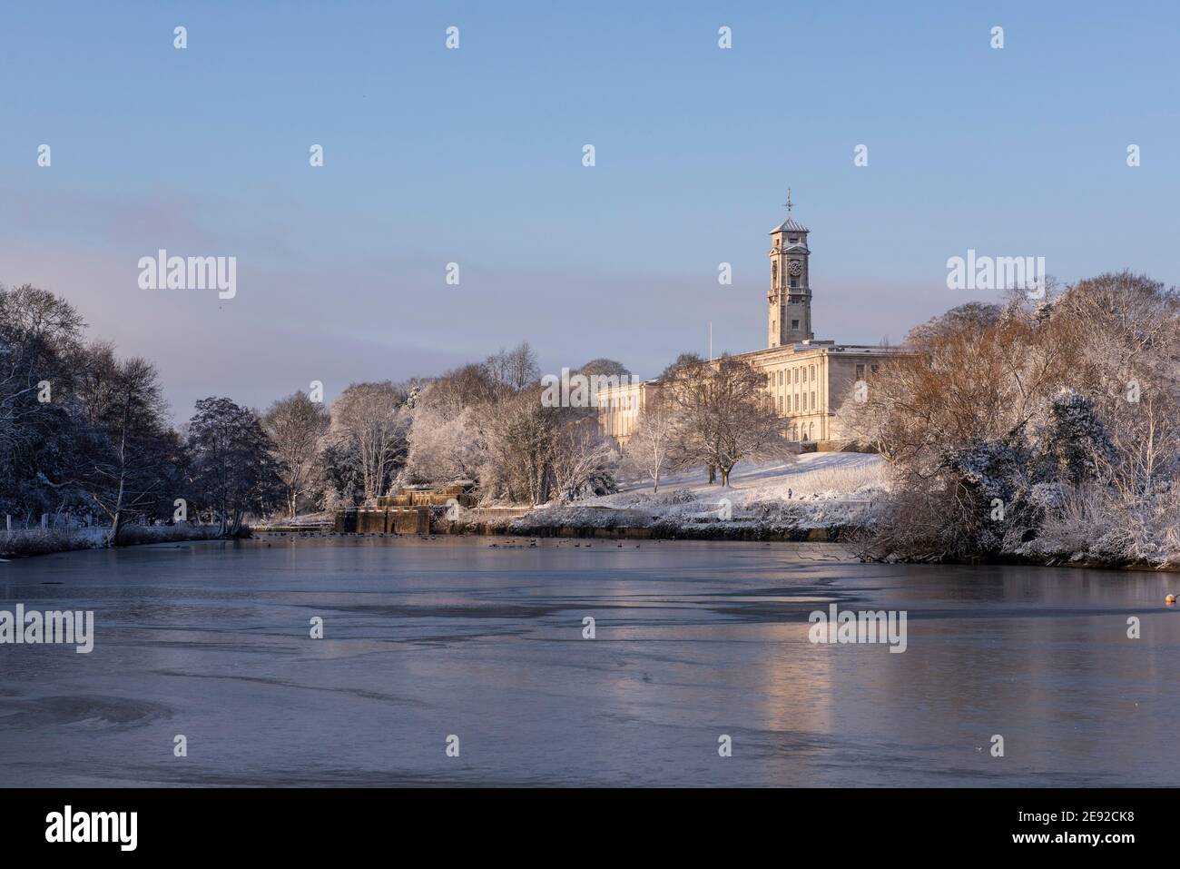 Crisp winter morning at Highfields University Park, covered in snow ...