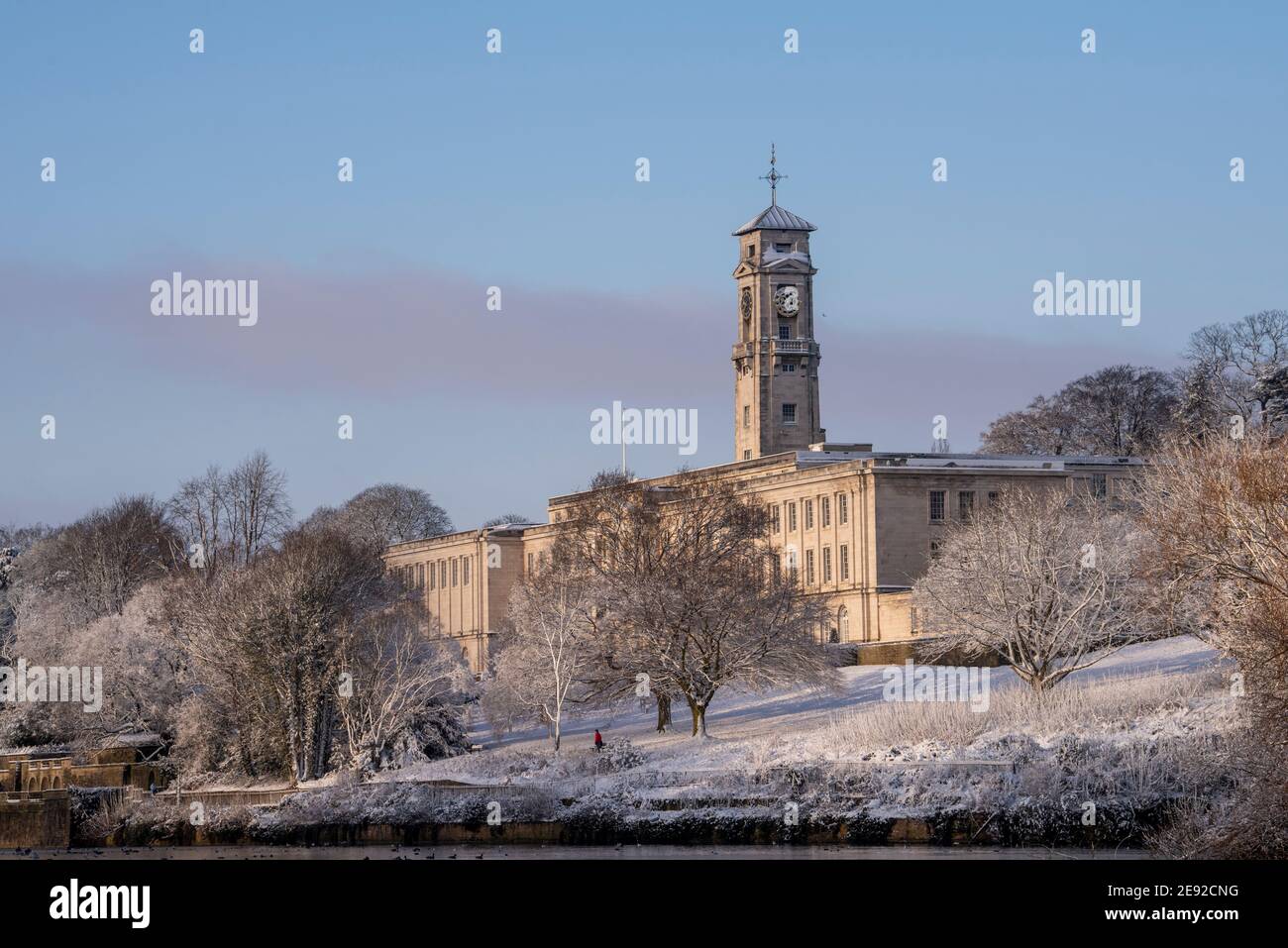 Crisp winter morning at Highfields University Park, covered in snow ...