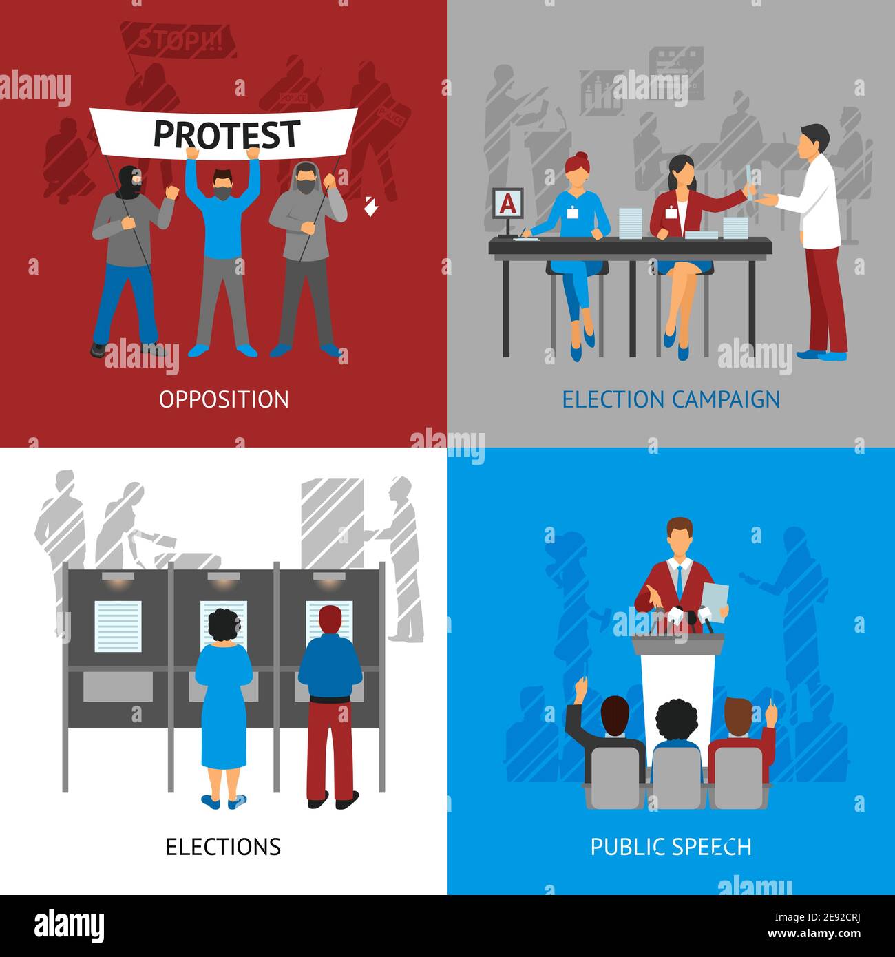 Politics concept icons set with elections and opposition symbols flat ...