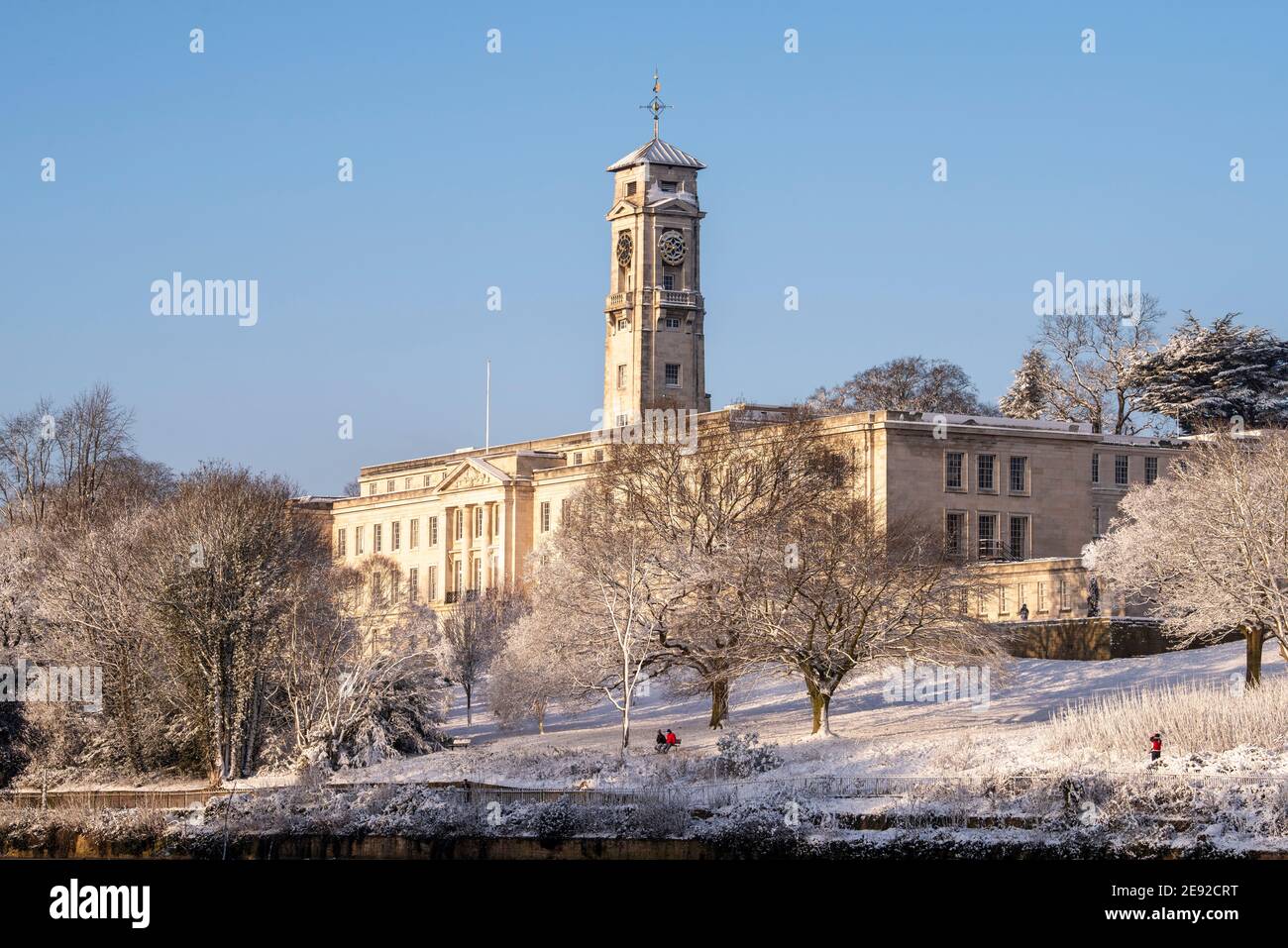 Crisp winter morning at Highfields University Park, covered in snow ...