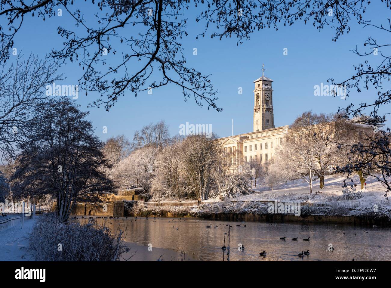 Crisp winter morning at Highfields University Park, covered in snow ...