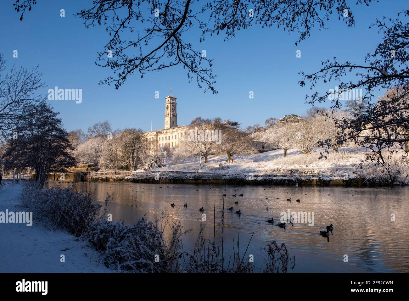 Crisp winter morning at Highfields University Park, covered in snow ...