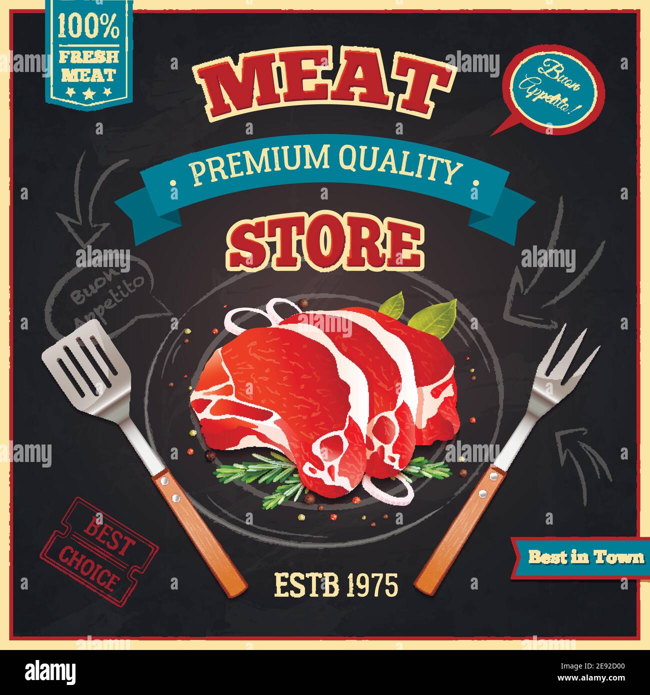 Premium quality chalkboard meat poster with fresh meat symbols ...