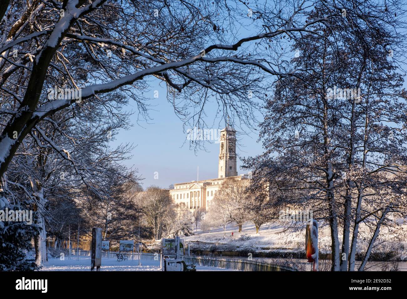 Crisp winter morning at Highfields University Park, covered in snow ...