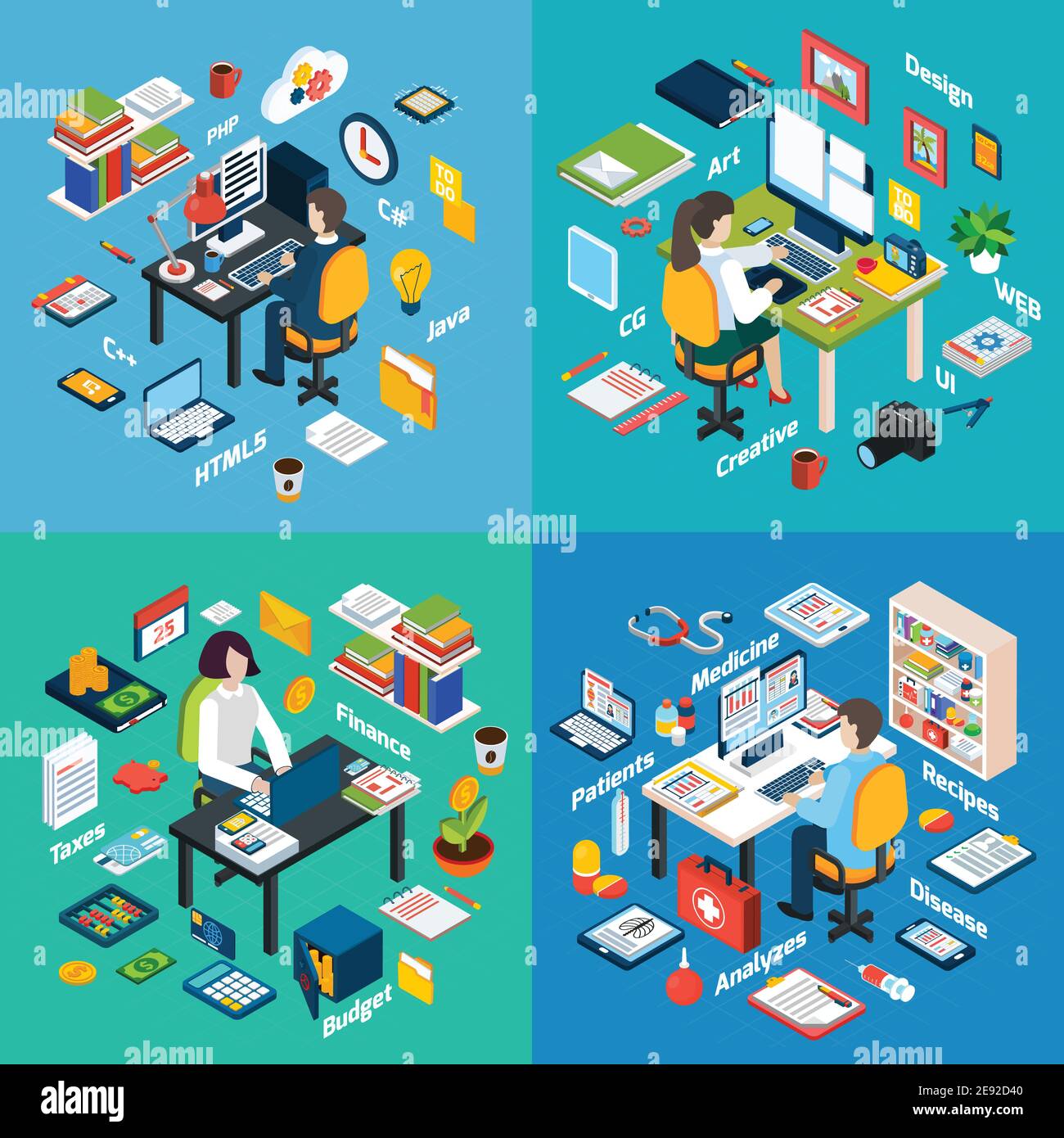 Creative professionals workplaces 4 isometric icons square with computer maintenance programmer ...