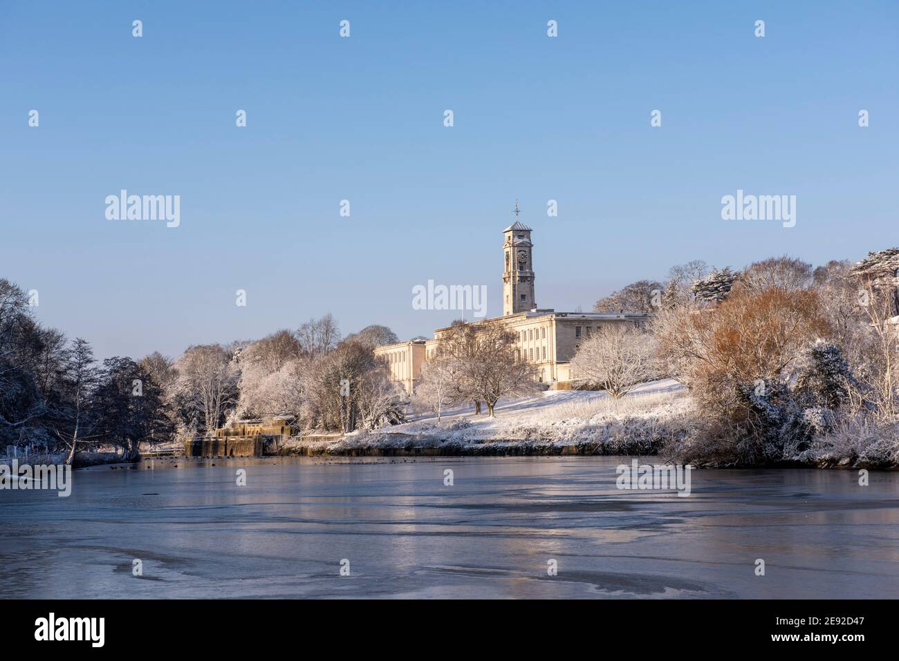 Crisp winter morning at Highfields University Park, covered in snow ...
