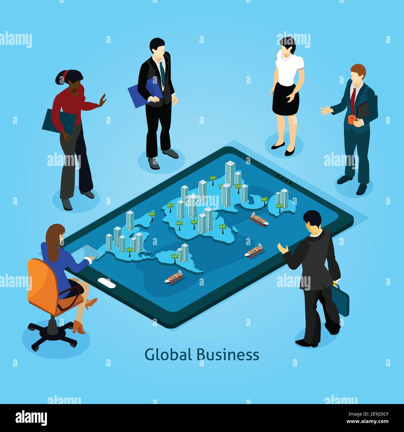 Global business isometric composition icons set with people standing ...