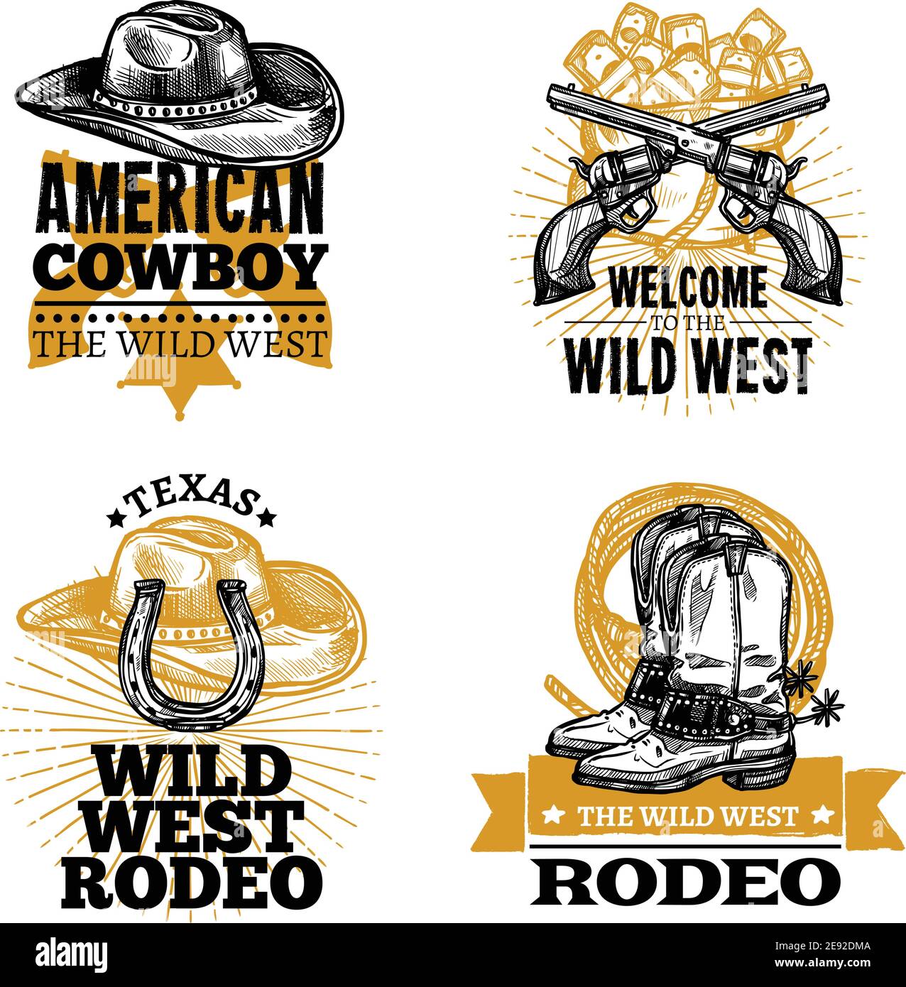 Set of cowboy colored isolated retro emblems in wild west style vector ...